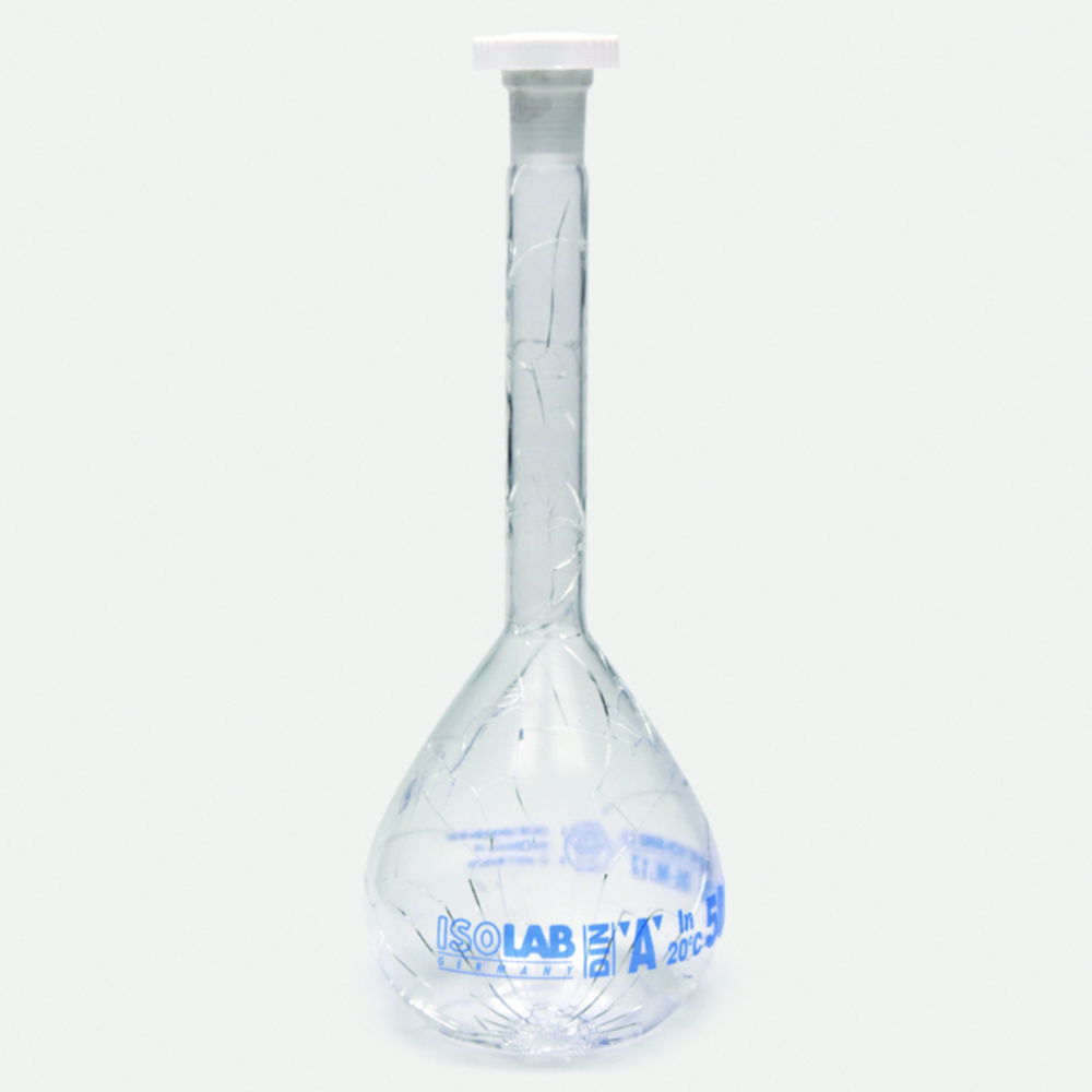 Messkolben, Borosilikatglas 3.3, Klasse A, blau graduiert, mit PE ...